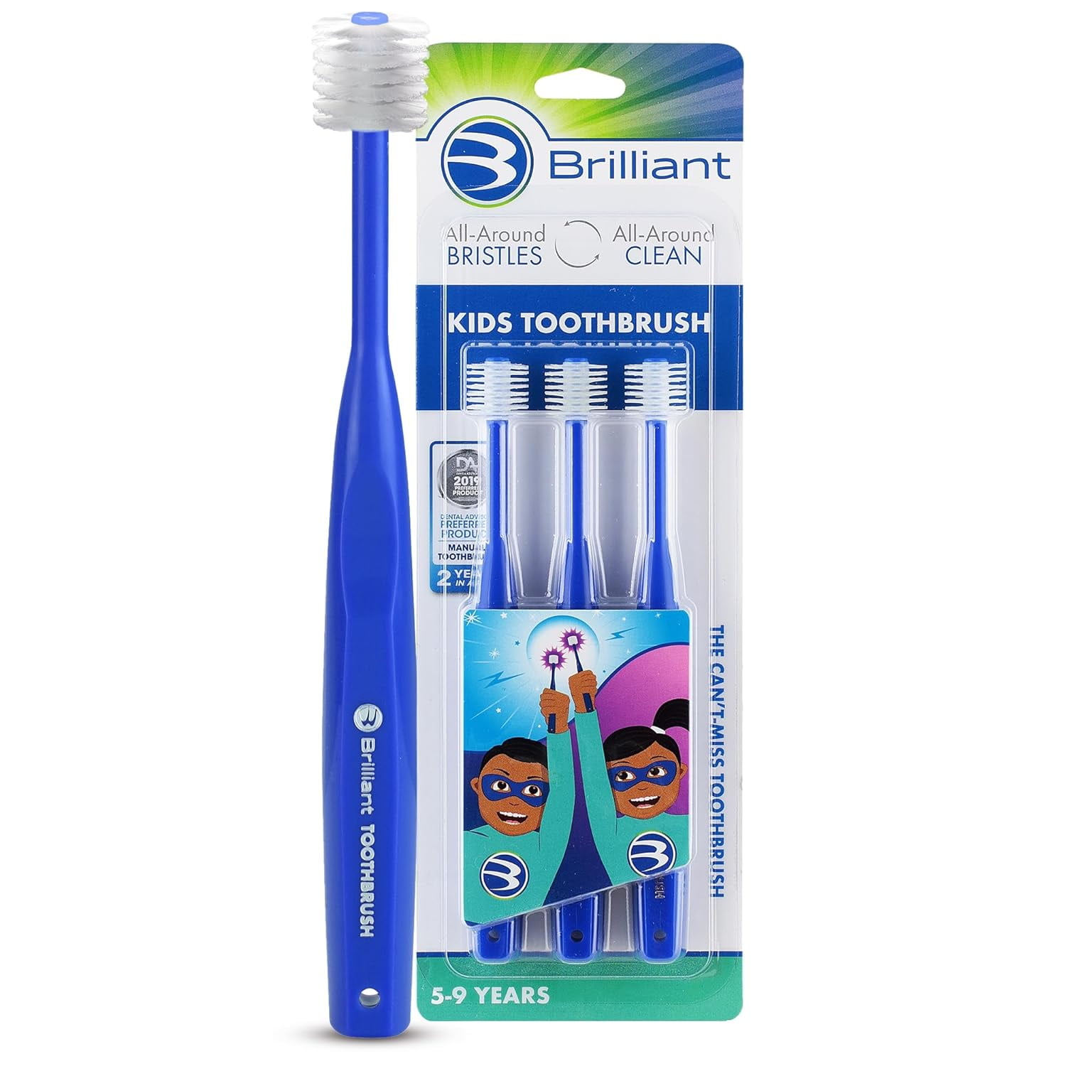 Brilliant Kids Toothbrush Ages 5-9, Round Head, Soft Bristles Clean All ...