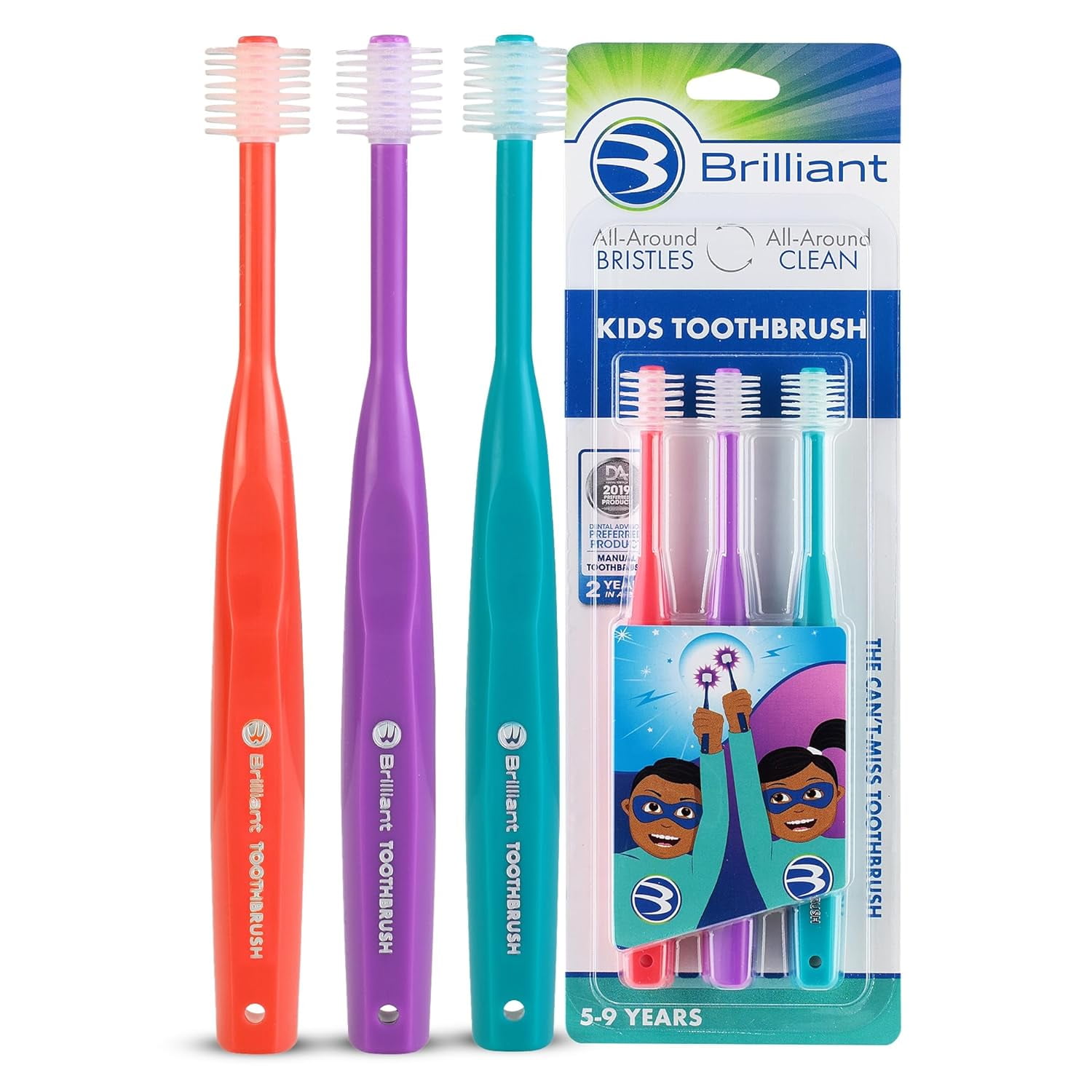 Brilliant Kids Toothbrush for Ages 5-9 Years, Round Head, Microfiber ...