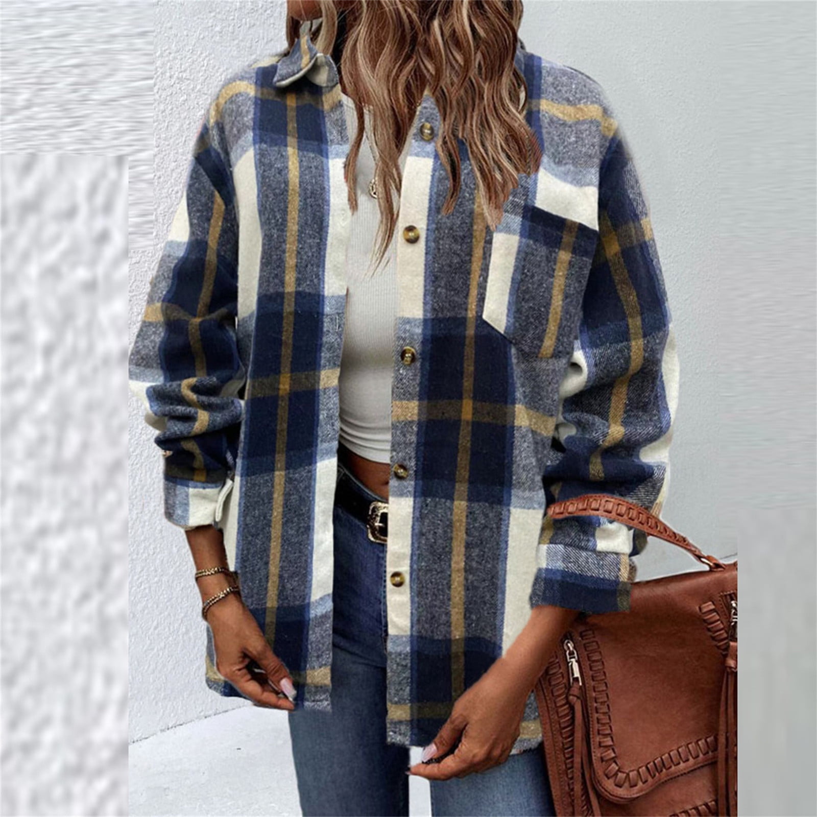 Brilliant Plus Size Clearance Women's Flannel Plaid Shacket Long Sleeve ...
