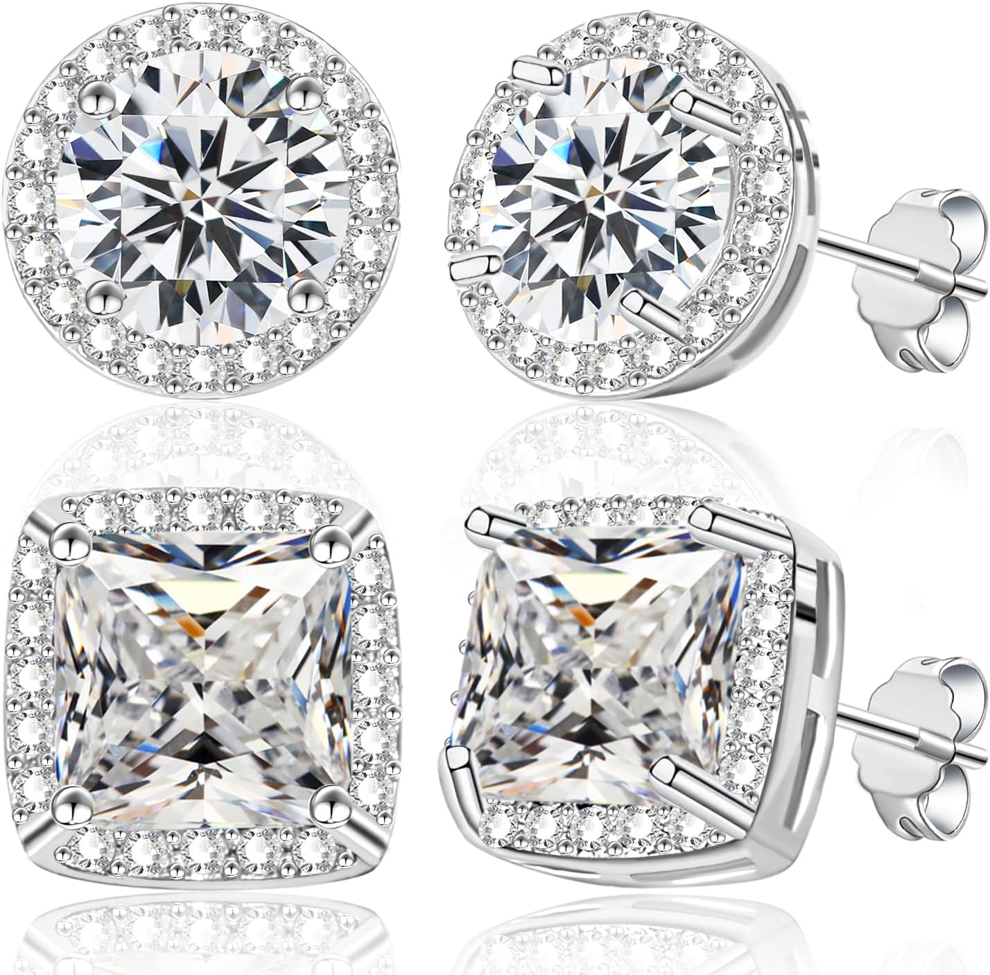 Brilliant Round Square Halo Stud Earrings for Women Men | 2 Pairs Cubic ...