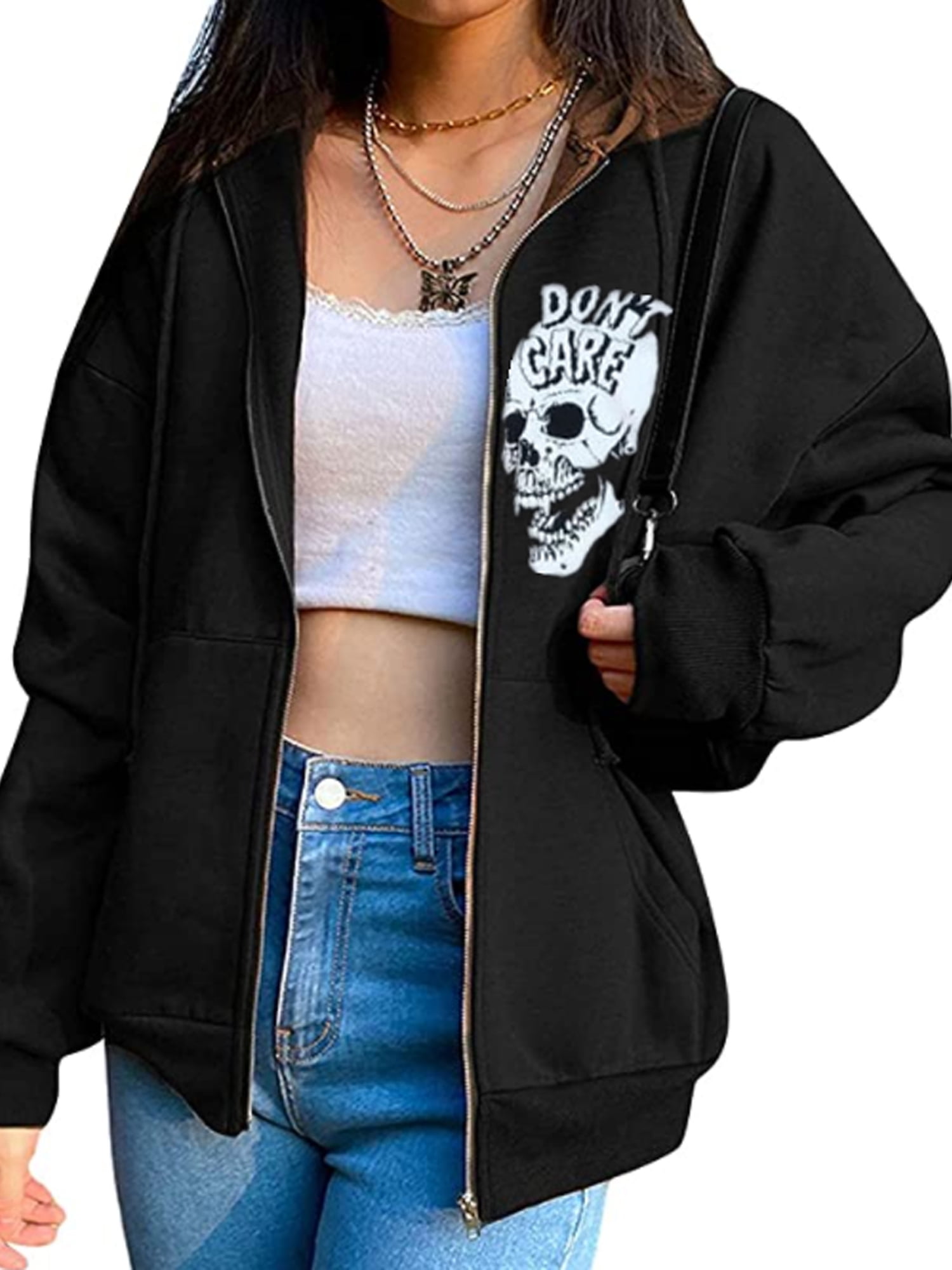 BrilliantMe Halloween Skeleton Print Oversized Y2K Zip up Sweatshirt ...