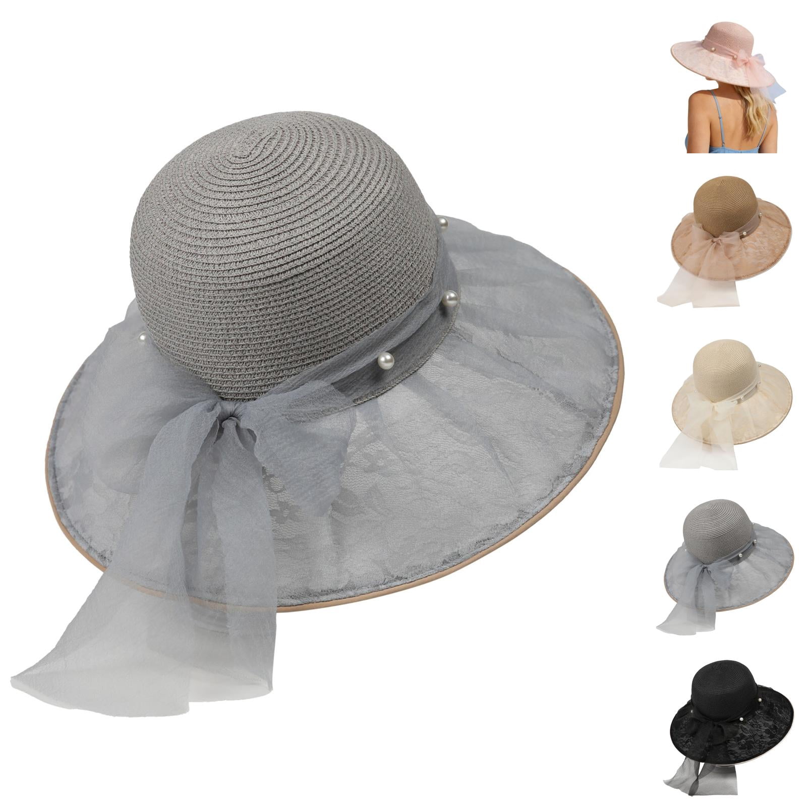 Brim Hats for Women Mesh Pearl Bow Beach Vacation Sunblock Hat ...