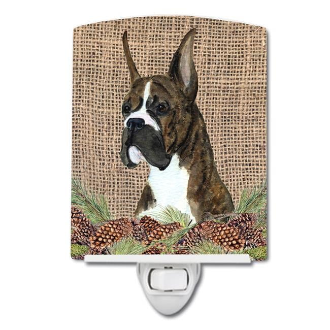 Brindle Boxer on Faux Burlap with Pine Cones Ceramic Night Light ...