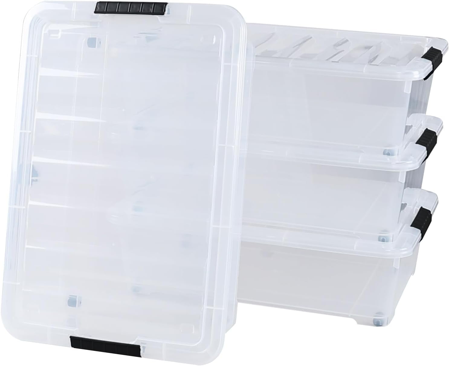 Bringer 25 L Clear Under Bed Storage Tote with Lid and Latch Handle, Set of 4 Wheeled Plastic ...