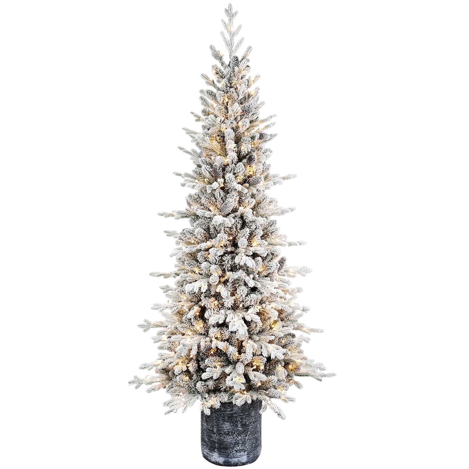 Bringstar 4.5FT Pre-lit Potted Flocked Christmas Tree, Snow Frosted Mini Tabletop Artificial ...