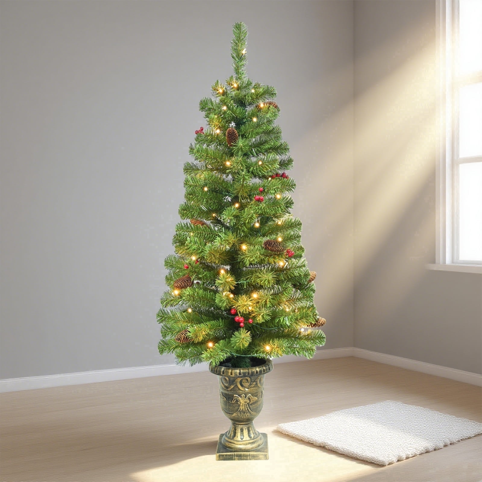 BRINGSTAR Artificial Potted 4FT Christmas Tree, 50 LED Lights, Pine ...