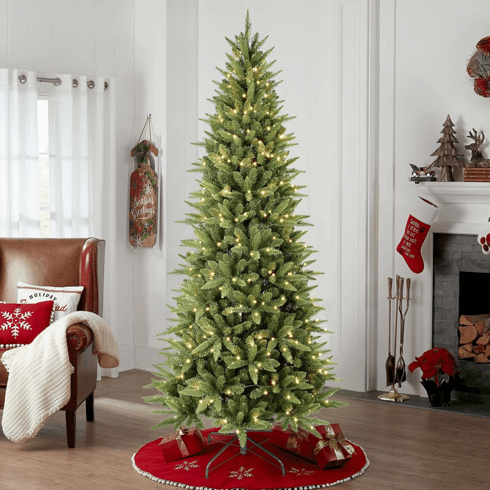 Bringstar 5 ft Pre-Lit Slim Pencil Christmas Tree, 200 Warm LED Lights ...