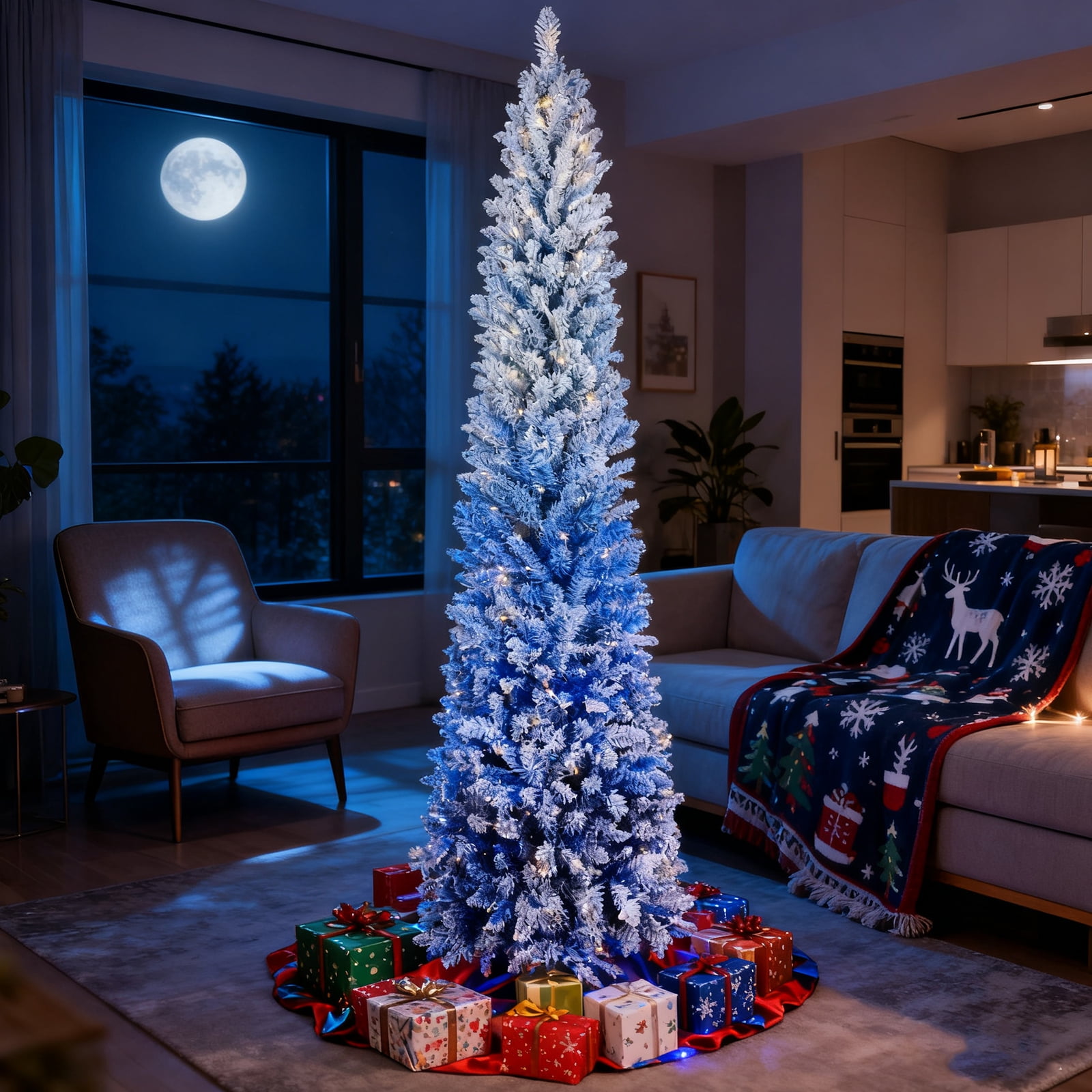 Bringstar 7FT Pencil Christmas Tree Snow Flocked,Hinged Artificial Xmas ...