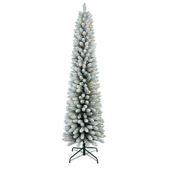 7FT Pre-Lit Flocked Pencil Christmas Tree, Bringstar Artificial Slim ...