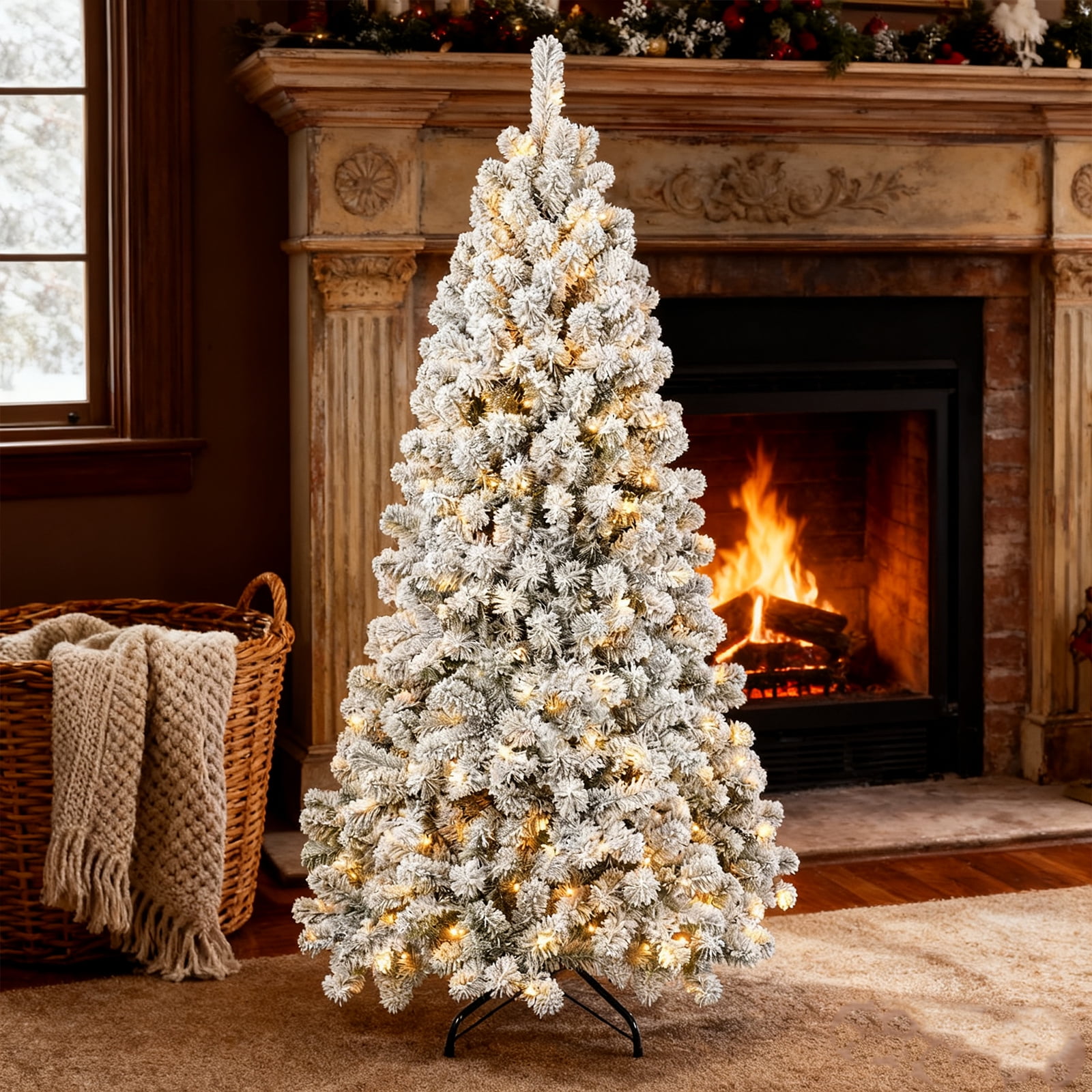 Bringstar 9FT Pre-Lit Flocked Christmas Tree, Hinged Artificial Xmas ...