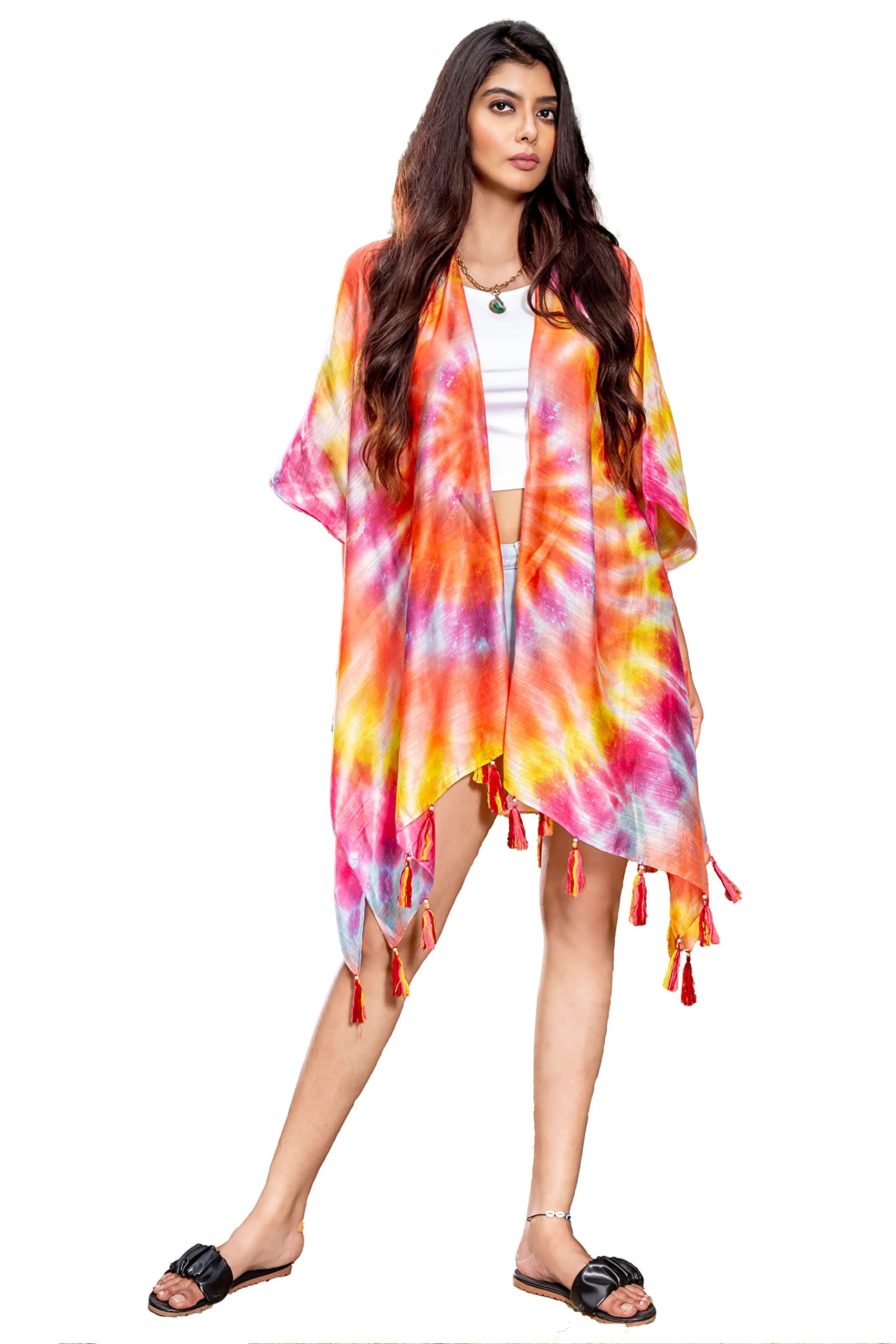 Brisas Hand Tie and Died Pink/Orange/Yellow/Blue Beach Cover Up for ...