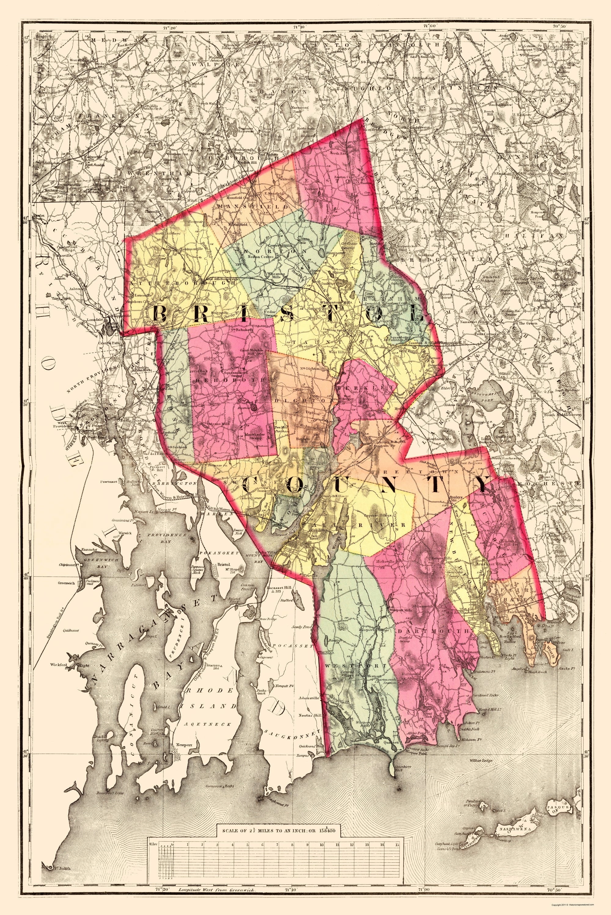 Historic County Map - Bristo County Massachusetts - Walling 1871 - 23 x ...