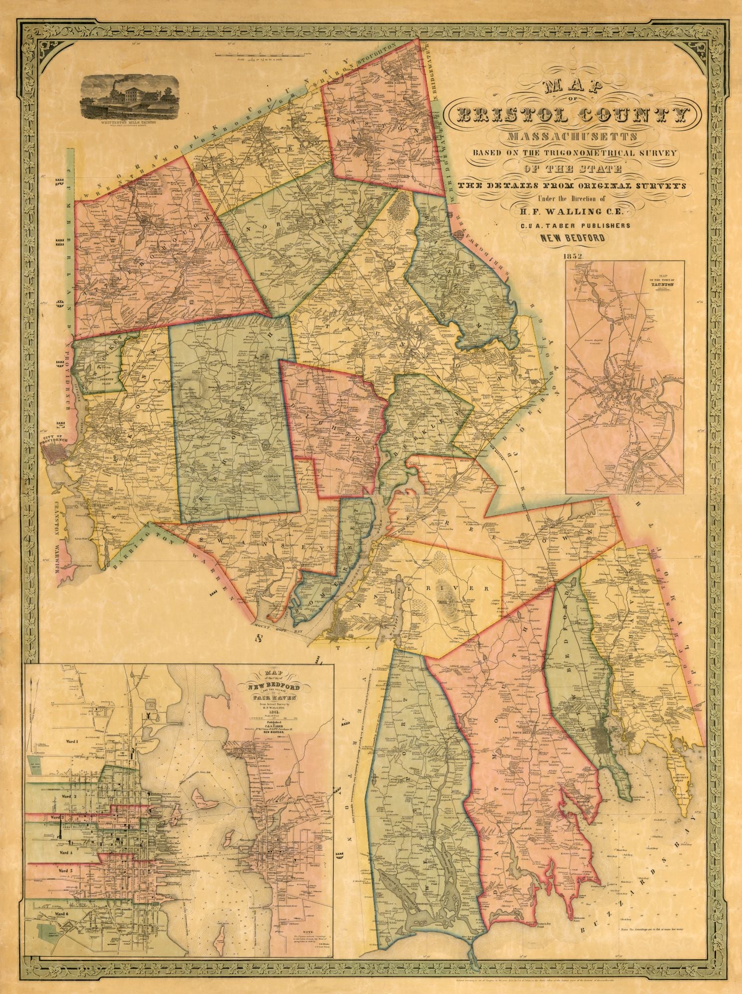 Historic County Map - Bristol County Massachusetts - Walling 1852 - 23 ...