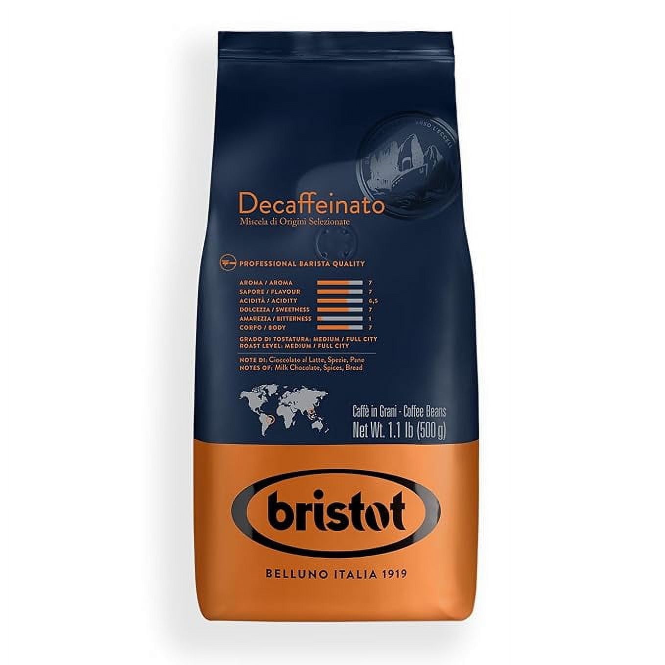 Bristot Decaf Italian Coffee Beans, Medium Roast, Arabica and Robusta ...