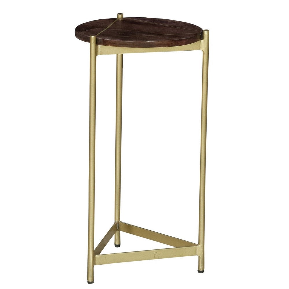 Brita 12 Inch Cocktail Accent Table, Round Wood Top, Triangular Gold ...