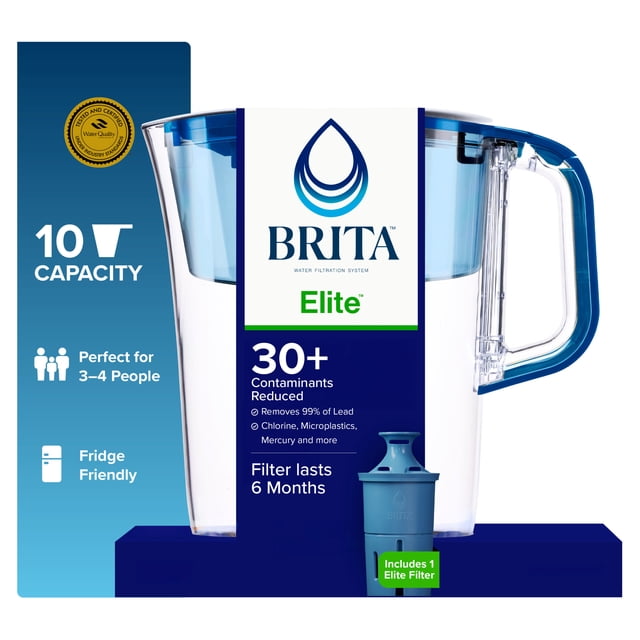Brita 10 Cup BPA-Free Tahoe Water Filter Pitcher, Blue with Elite ...