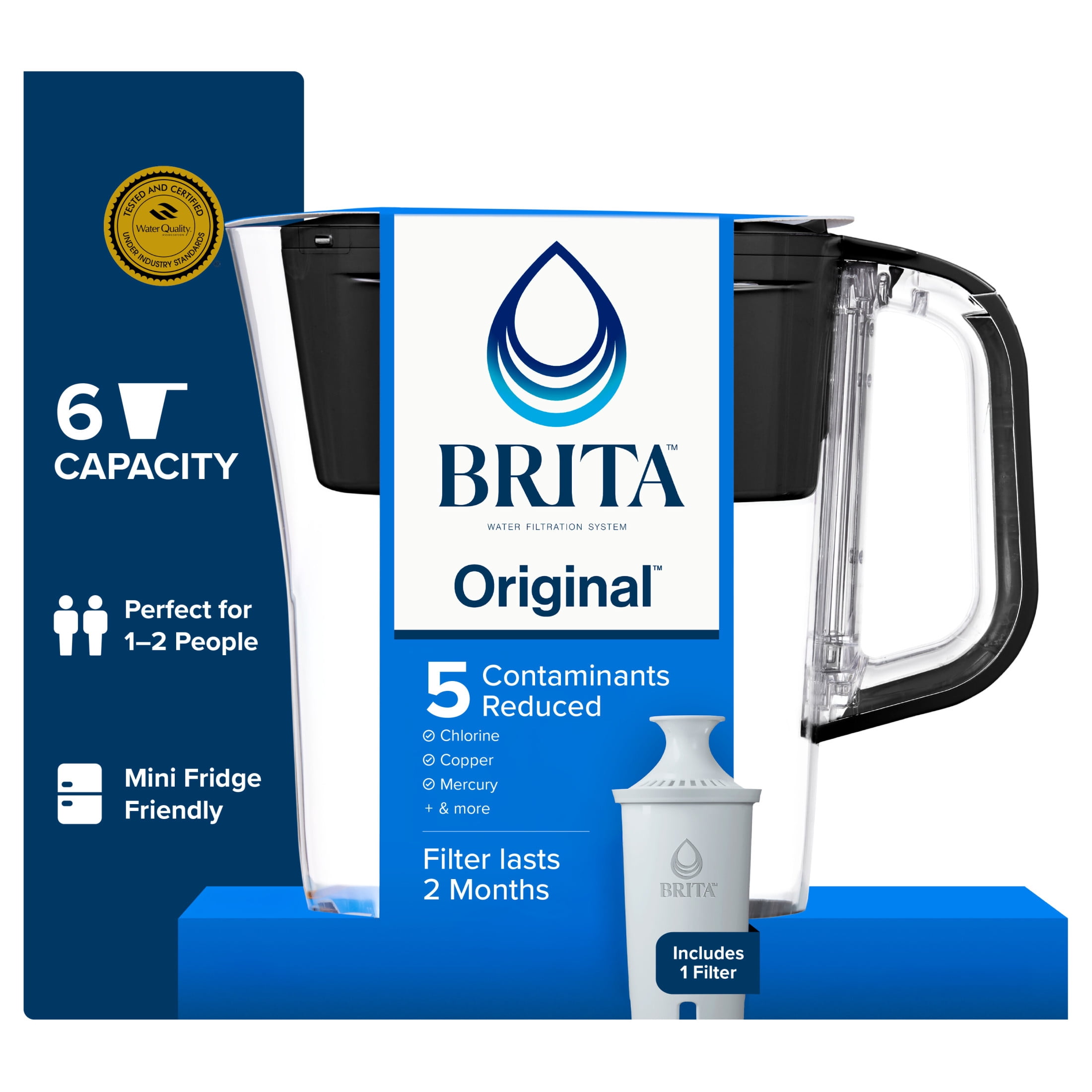 Brita Small 6 Cup Black Denali Water Filter Pitcher with 1 Standard ...