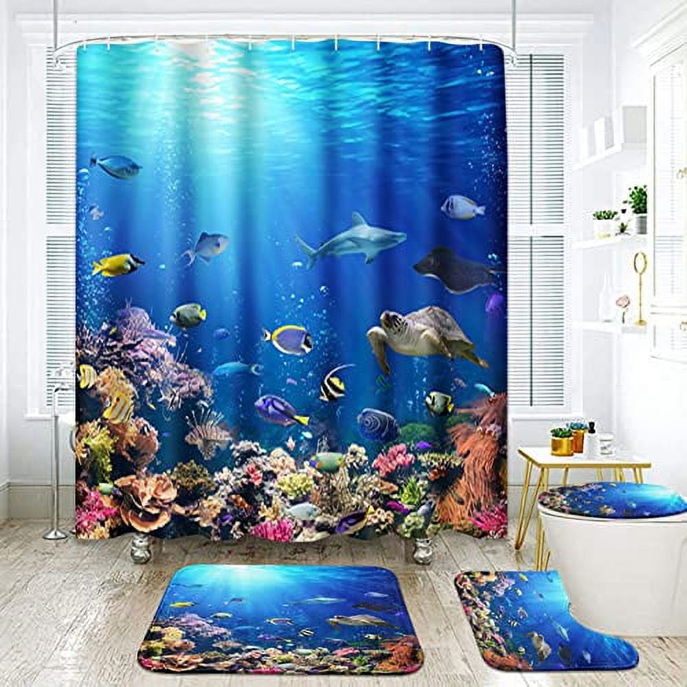 Britimes 4 Pcs Shower Curtain Set Summer Beach Shower Curtain With Non