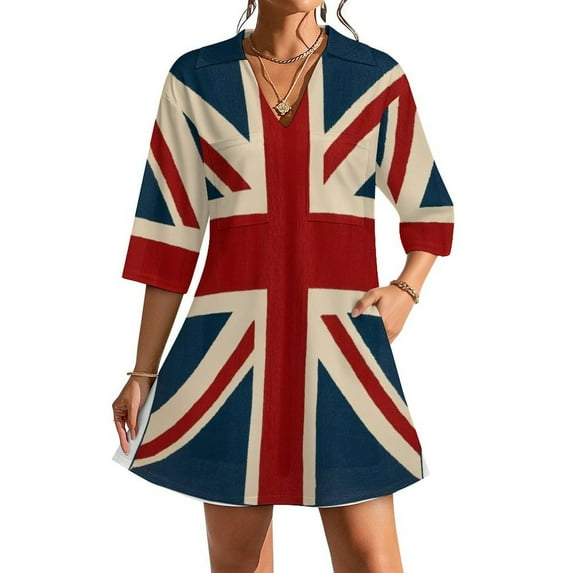 British Flag Print Womens Dress With Pockets Summer V Neck 3/4 Sleeve ...