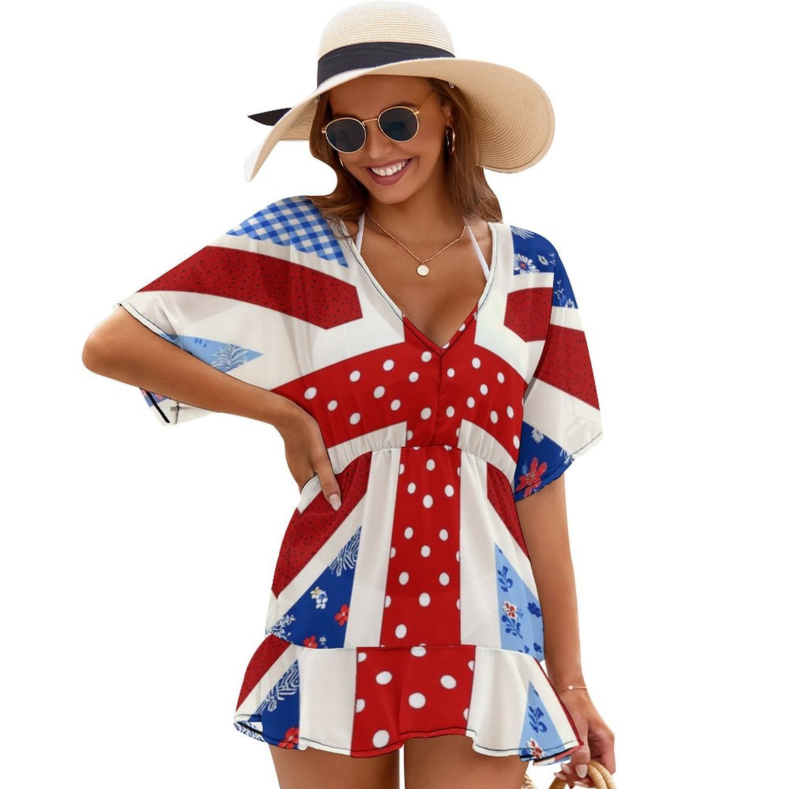 British Flag with Patterned Quilt Design Beach Cover Ups Women V Neck ...