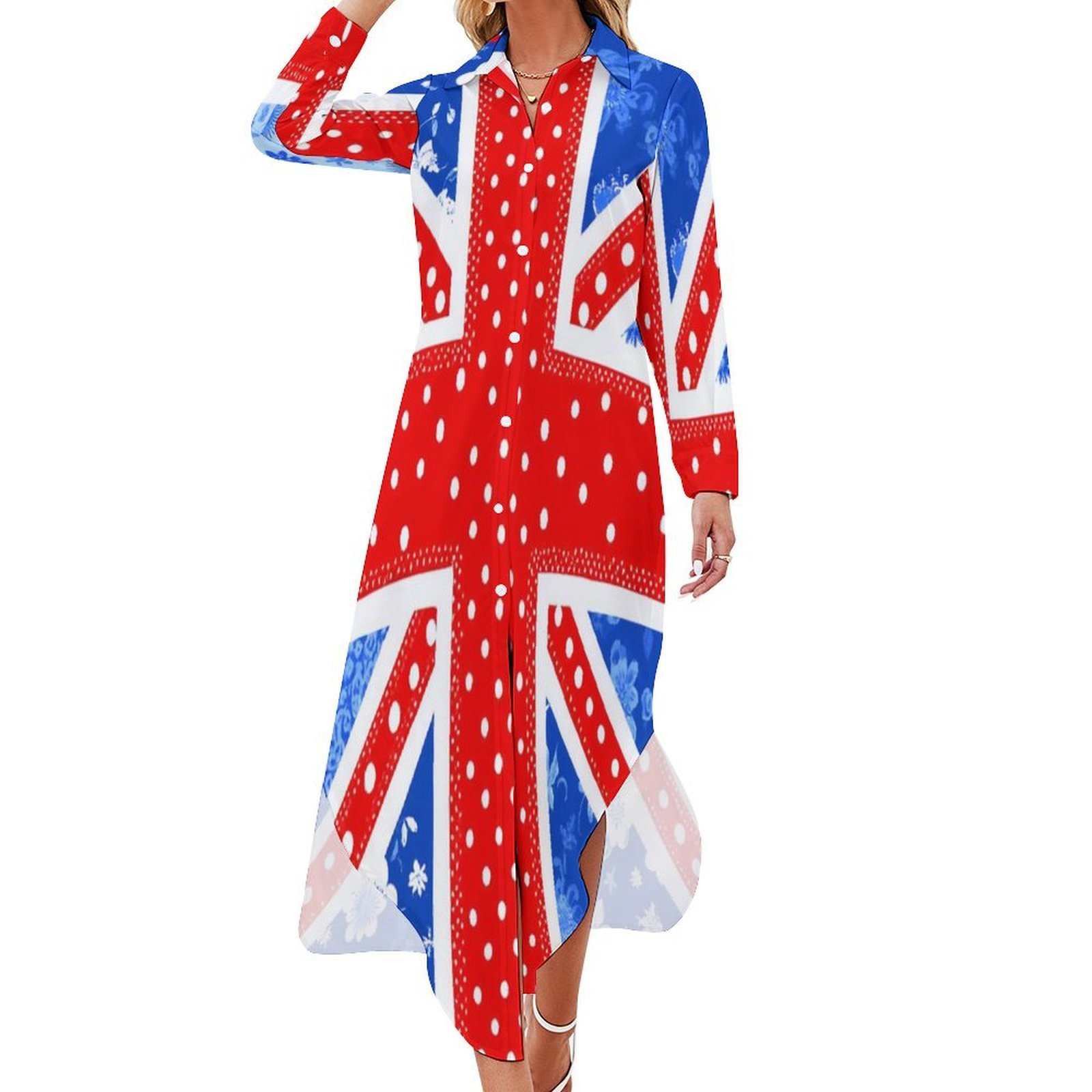 British Flag with Patterned Quilt Design Shirt Dress Long Sleeve Street ...