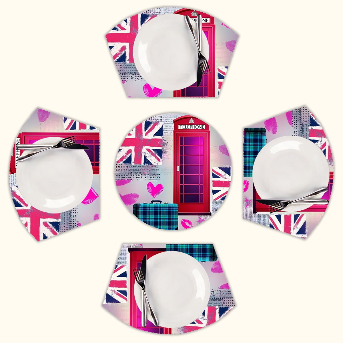 British Icons Grunge Pattern Round Table Placemats Set Of 5 Wedge Table ...