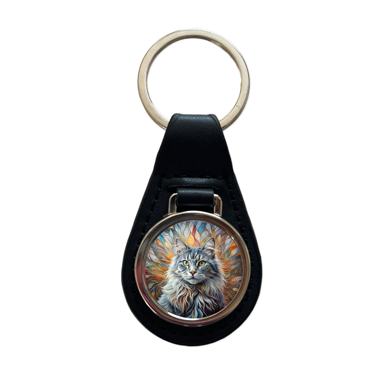 British Longhair Gray Cat Abstract Art Metal Black Leather Keychain ...