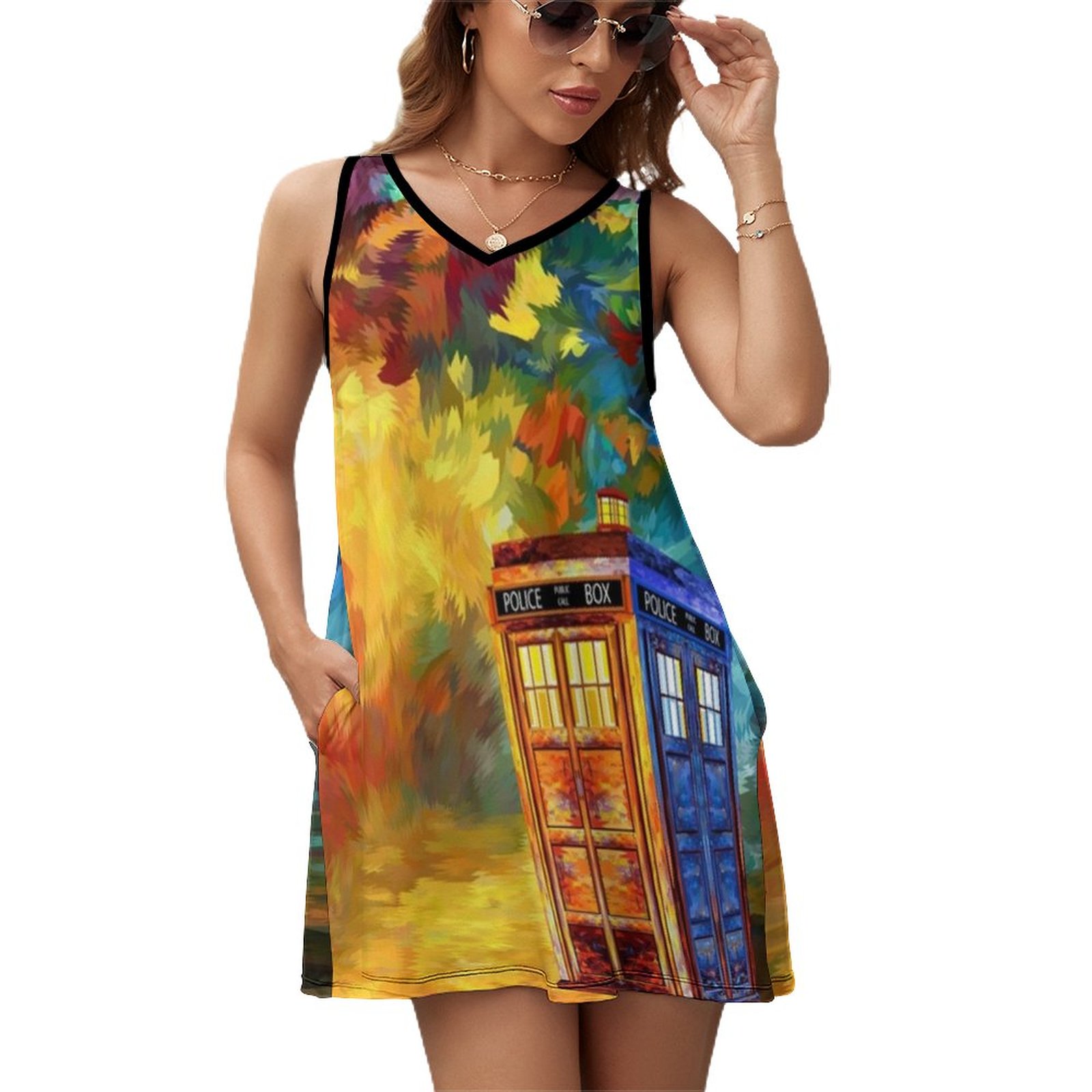 British Police Public Call Box Abstraction Square Neck Dress Sweet ...