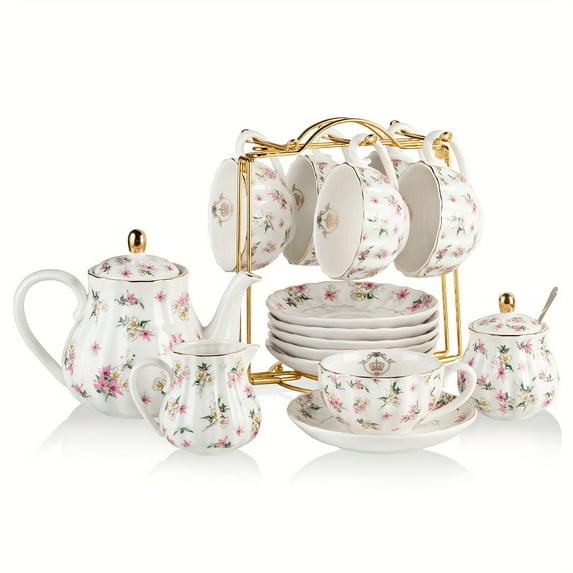 "British Royal 6-Piece Porcelain Tea Set: 8oz Cups & Saucers, Teapot ...