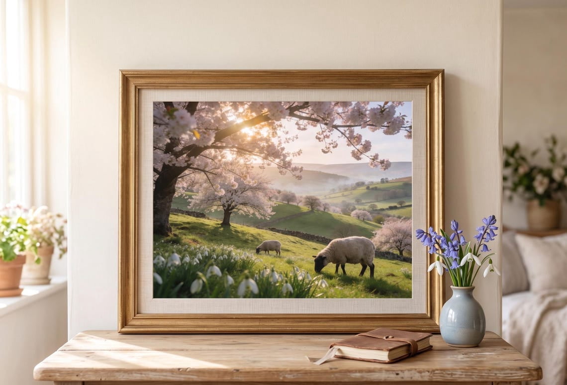 British Spring Countryside Blossom Trees Grazing Sheep English ...