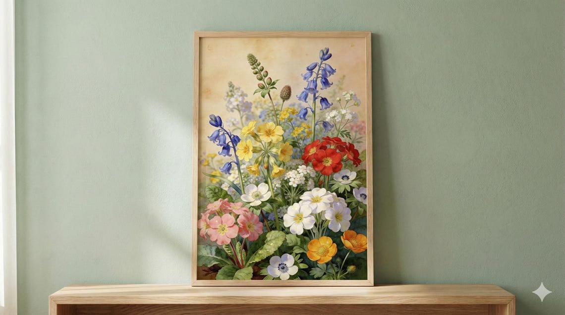 British Spring Wildflowers Vintage Botanical Plate Cottagecore Wall Art ...