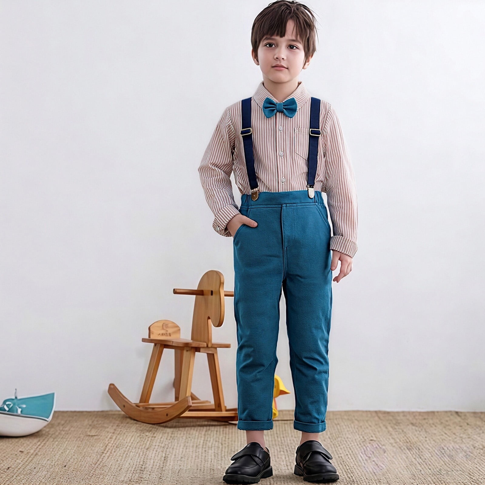 British Style Kids Suspenders Outfit, Boys Long Sleeve Shirt and ...