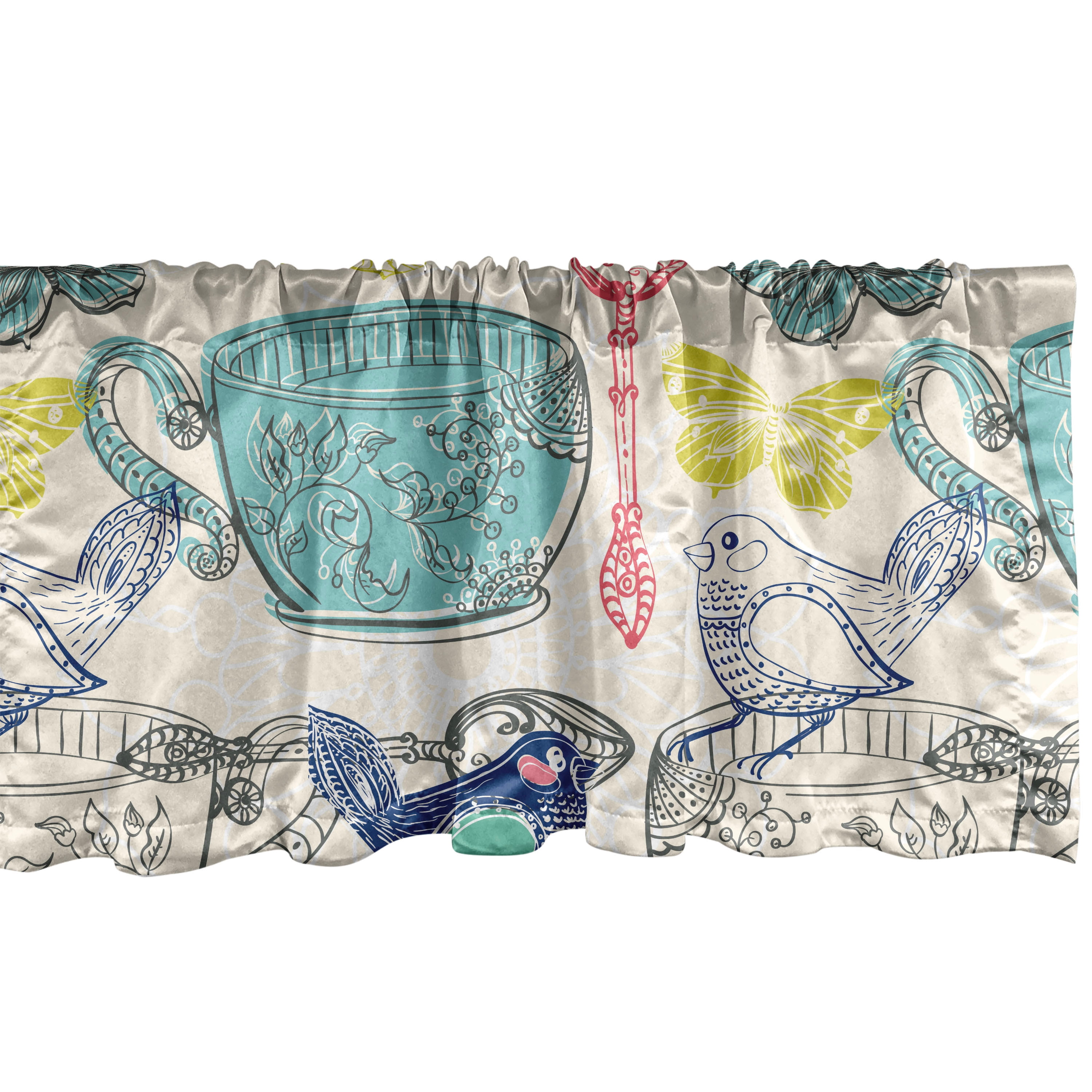 British Themed Window Valance, Vintage English Vibe Floral Design Birds ...