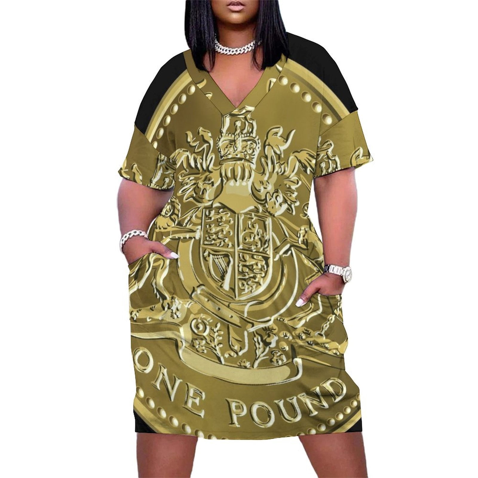 British my gold coin pound Loose Pocket Dress Dress vintage dress for ...