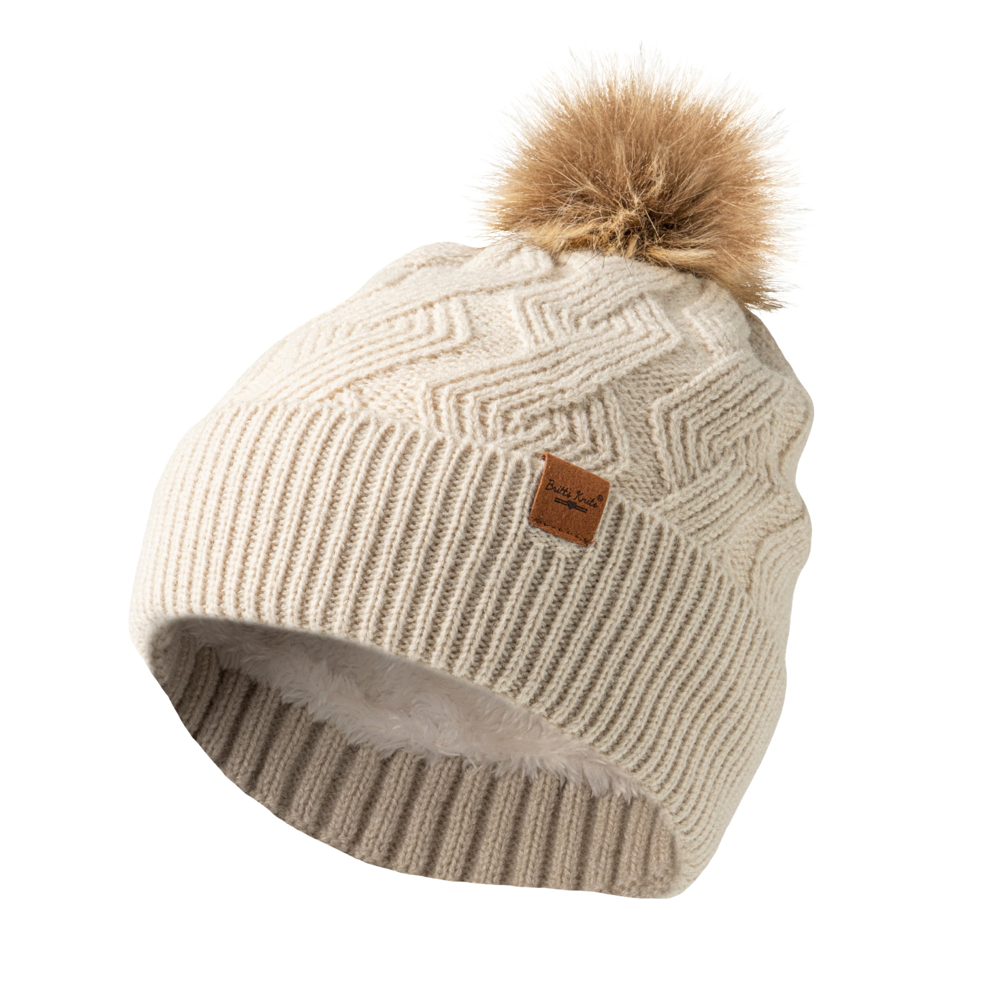 Britt’s Knits Warm Knitted Plush Lined Pom Hat - Oat (Women's ...