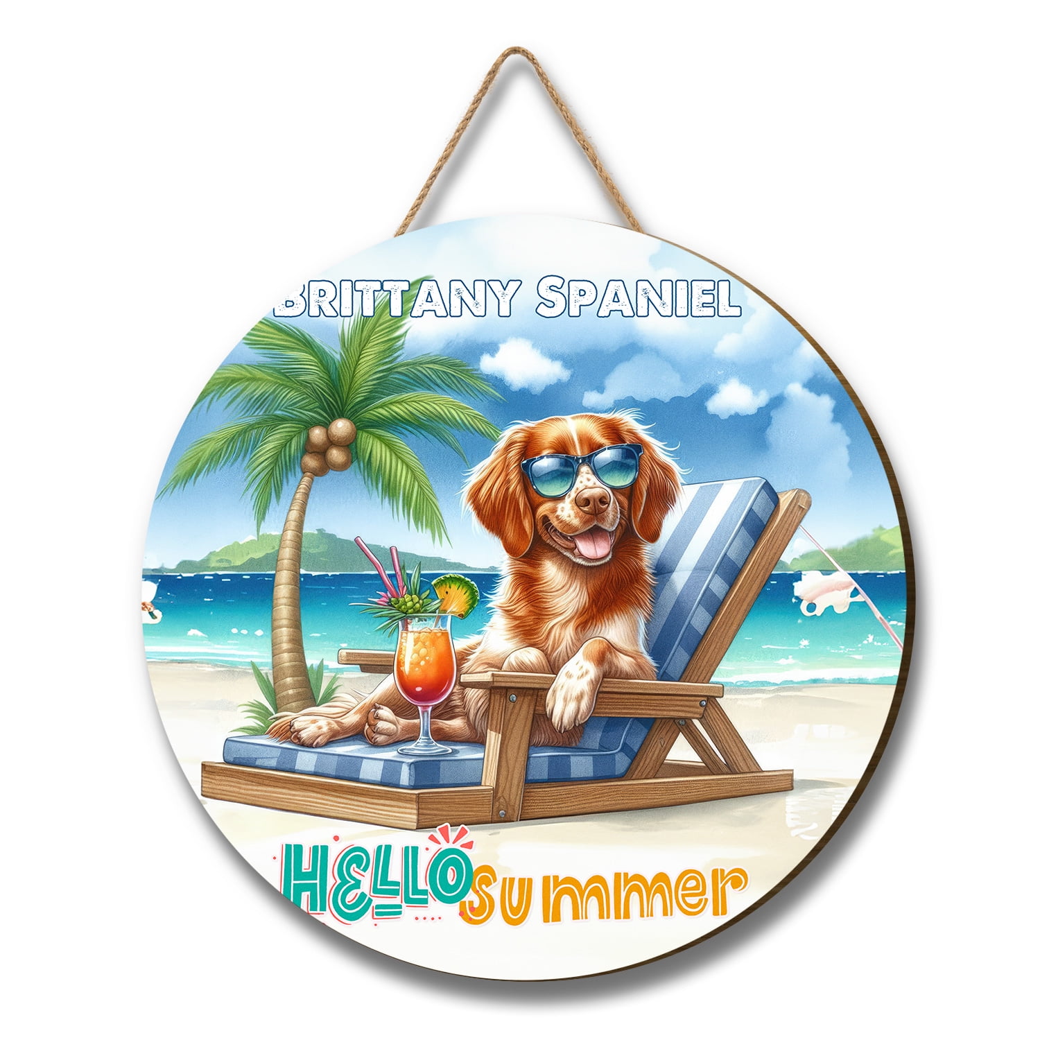 Brittany Spaniel Hello Summer Beach Theme with Sunglasses and Tropical ...