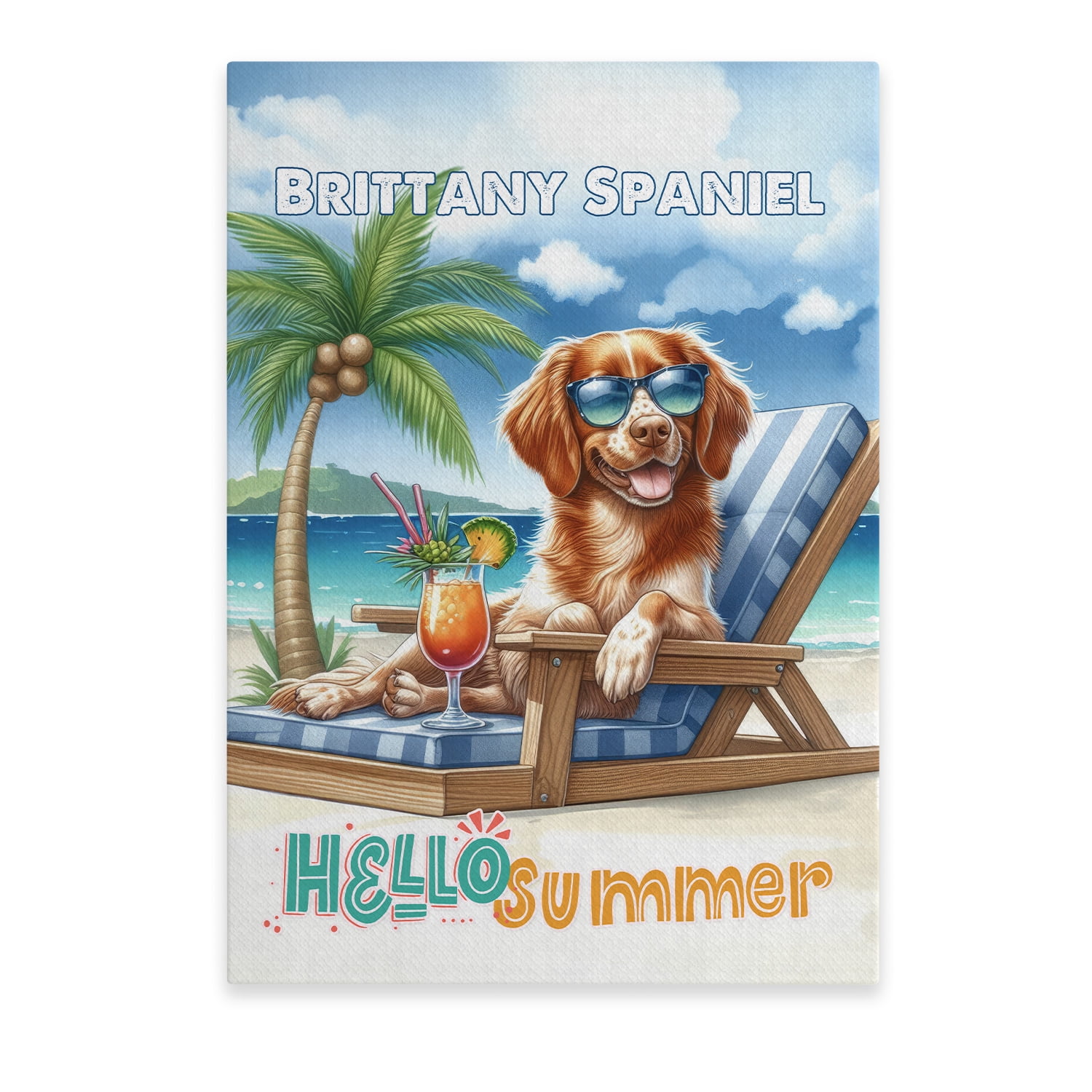 Brittany Spaniel Hello Summer Beach Theme with Sunglasses and Tropical ...
