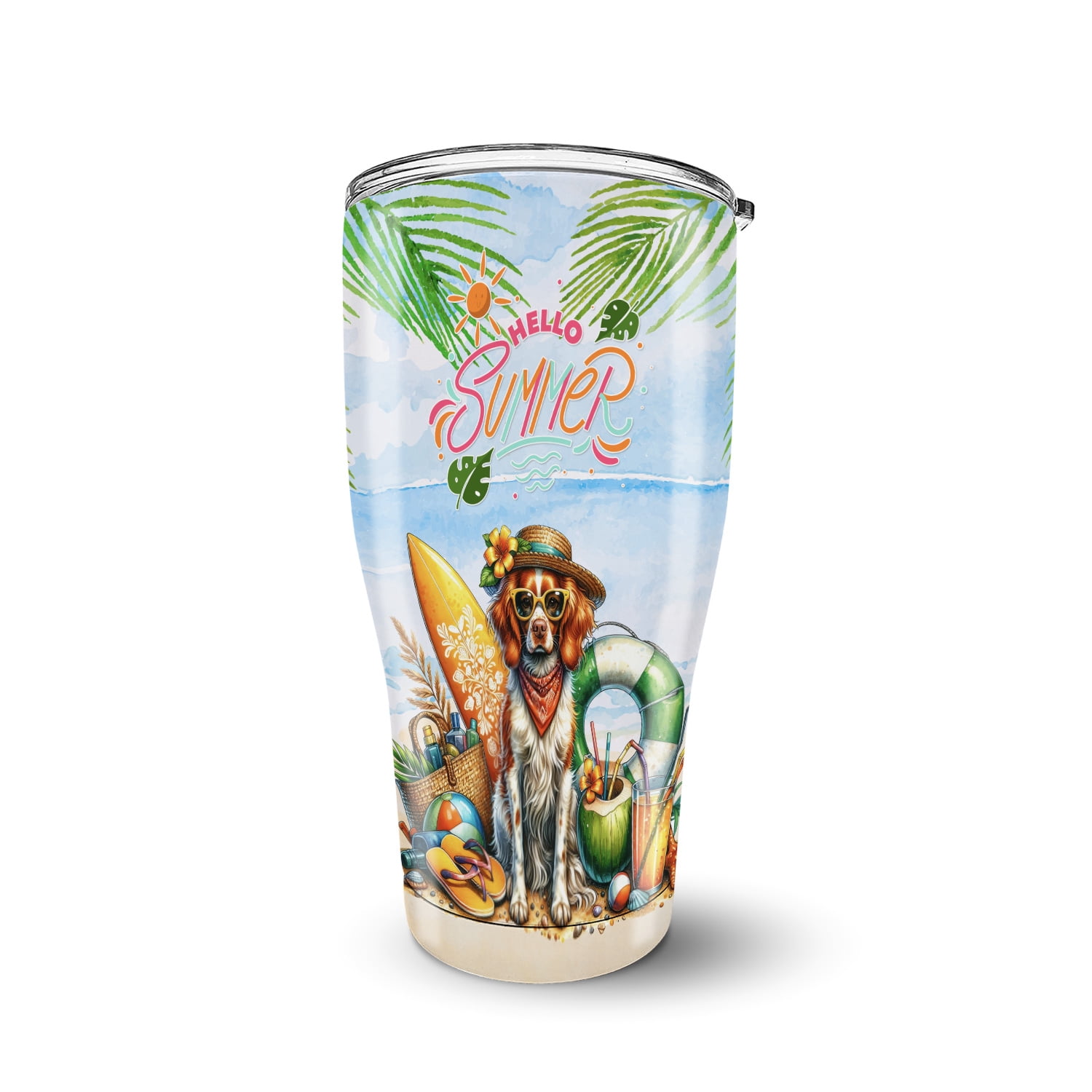 Brittany Spaniel Hello Summer with Sunglasses and Surfboard Tropical ...