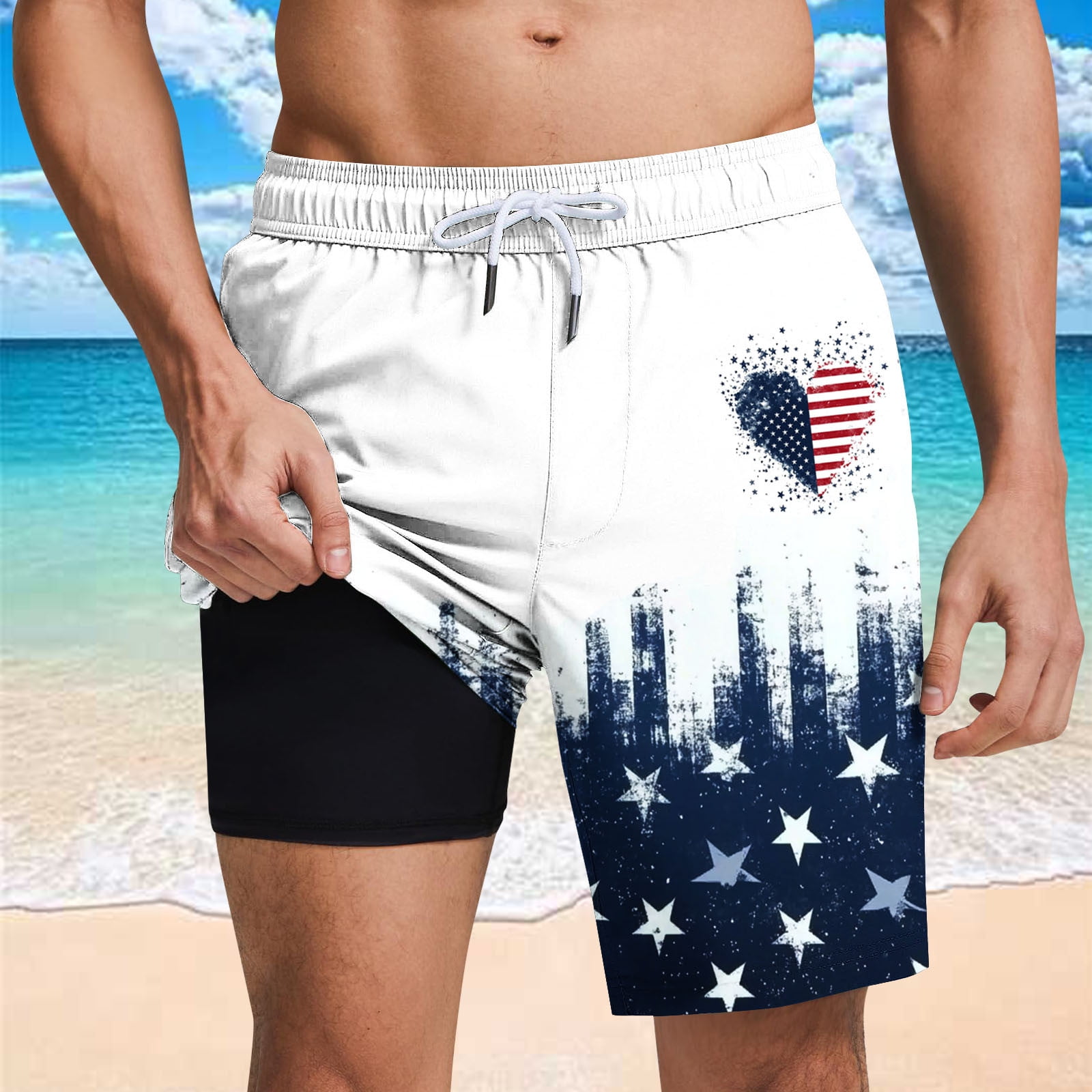 Brnmxoke 2 in 1 Mens American Flag Swim Trunks with Compression Liner ...