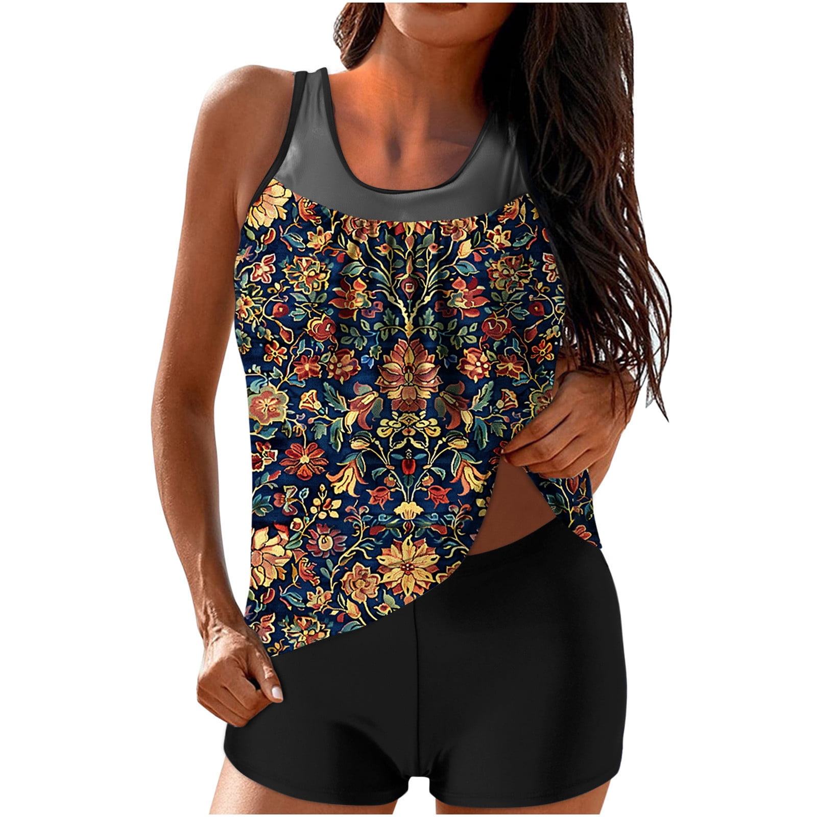 Brnmxoke 2 Piece Tankini Swimsuits for Women Swim Floral Cute Top ...