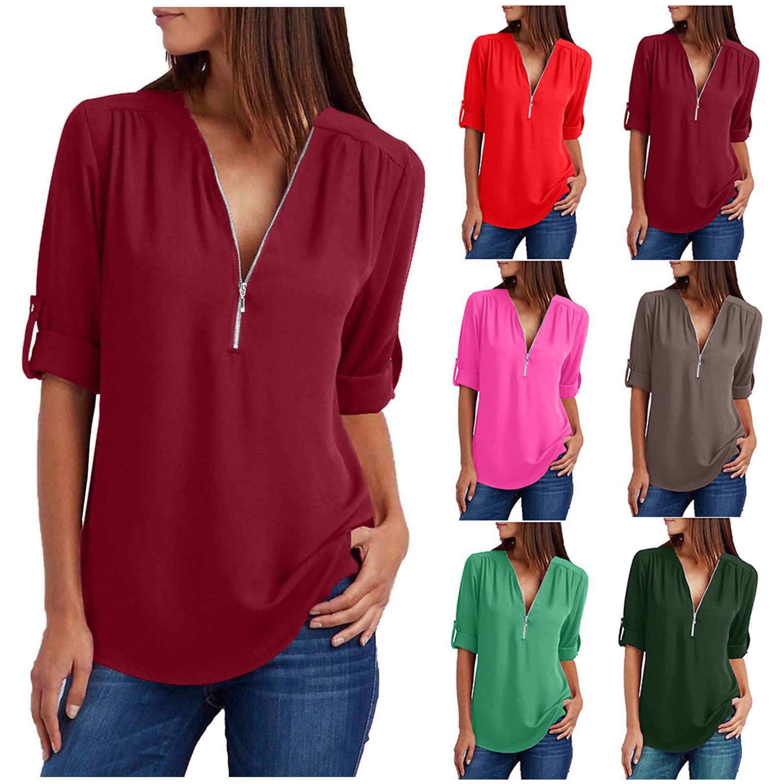 Brnmxoke 2025 Womens Tops Spring Summer Shirt Tunics Cuffed Sleeve ...