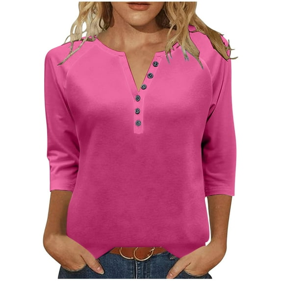 Brnmxoke 3/4 Length Sleeve Womens Tops Cotton Dressy Button V Neck Henley Shirt Casual Raglan ...