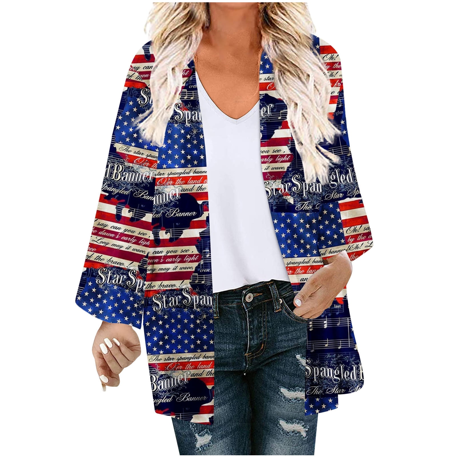 Brnmxoke 4th of July Women's American Flag Print Chiffon Kimono Cover ...