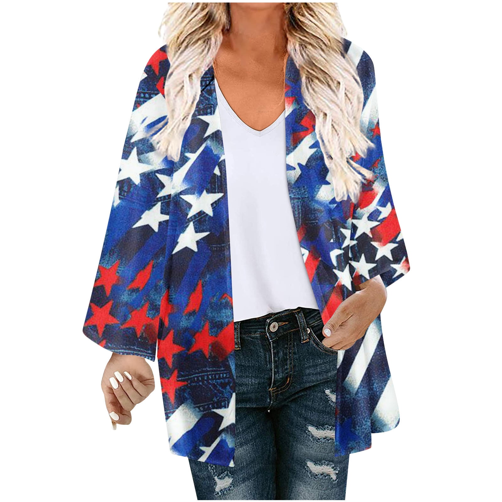 Brnmxoke 4th of July Women's American Flag Print Chiffon Kimono Cover ...
