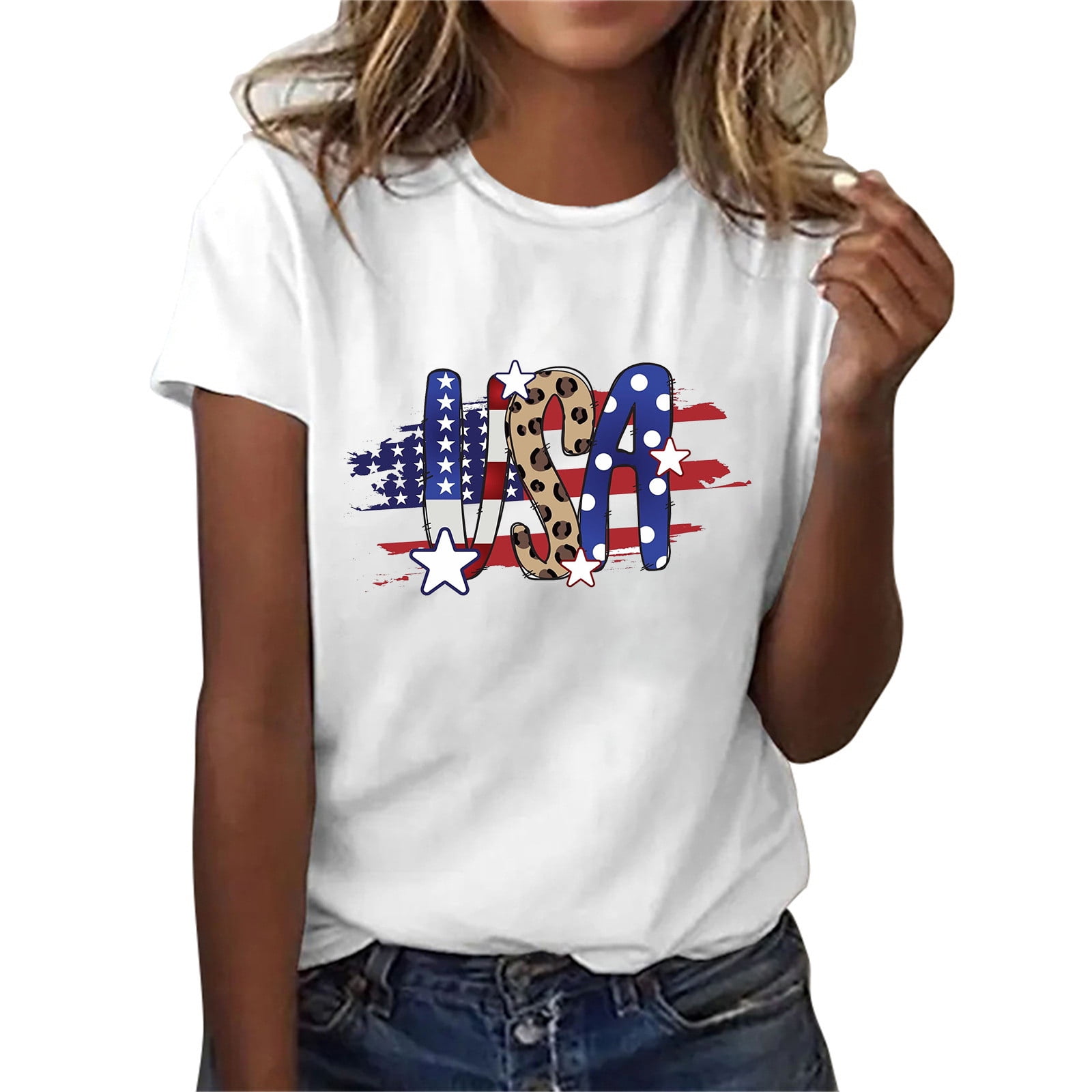 Brnmxoke 4th Of July Patriotic T Shirts Womens Short Sleeve Round Neck