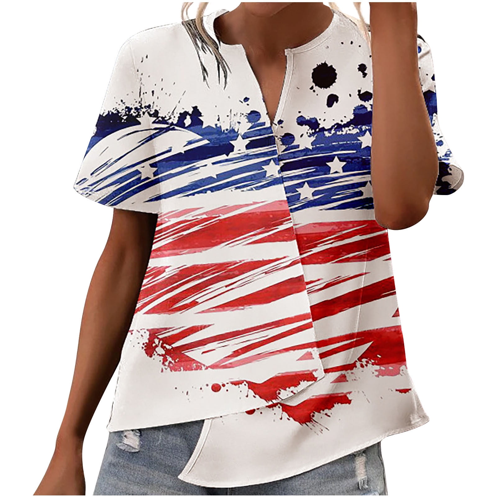 Brnmxoke American Flag Shirts For Women Short Sleeve Split Neck