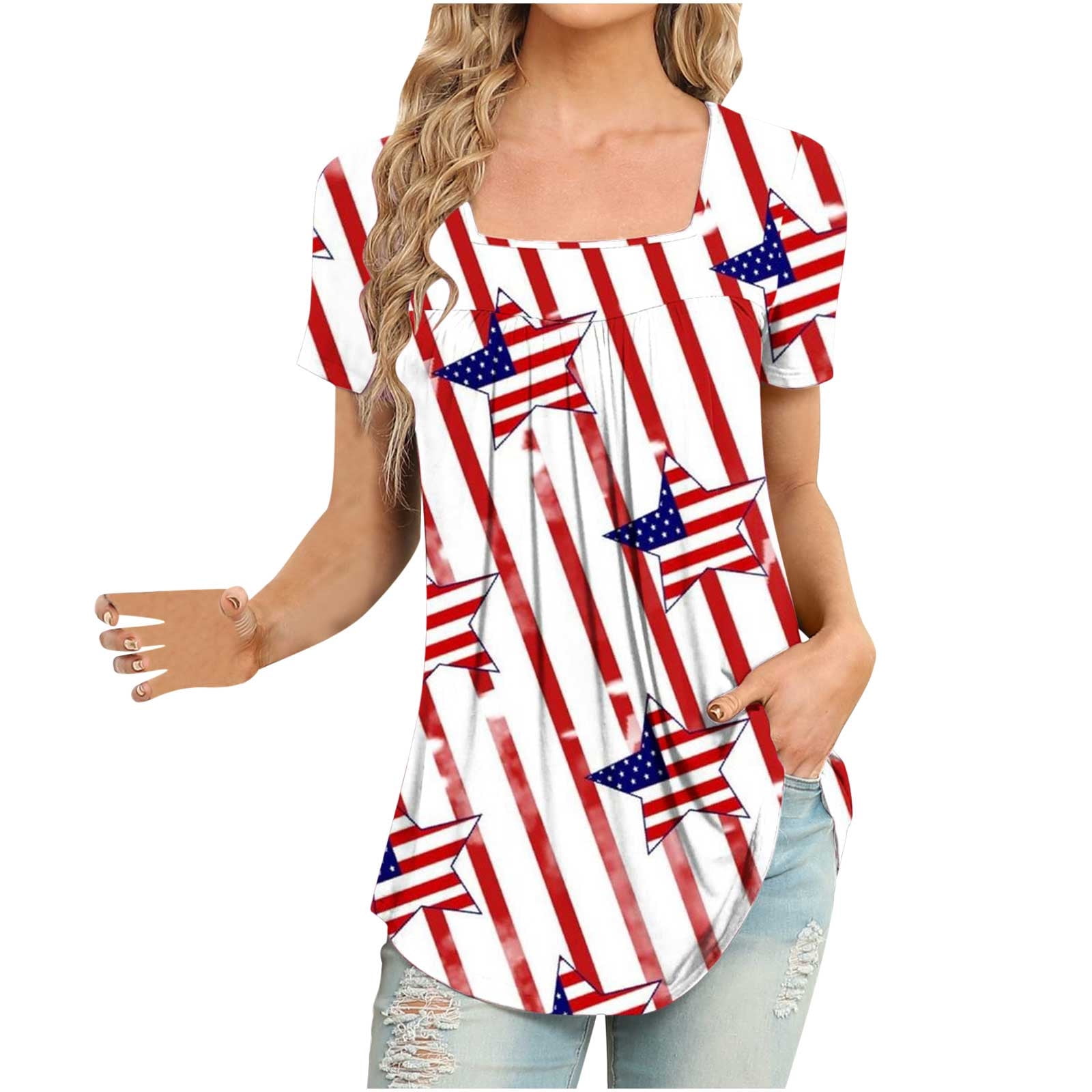 Brnmxoke American Flag Shirts For Women Square Neck Ruched Flowy Tunic