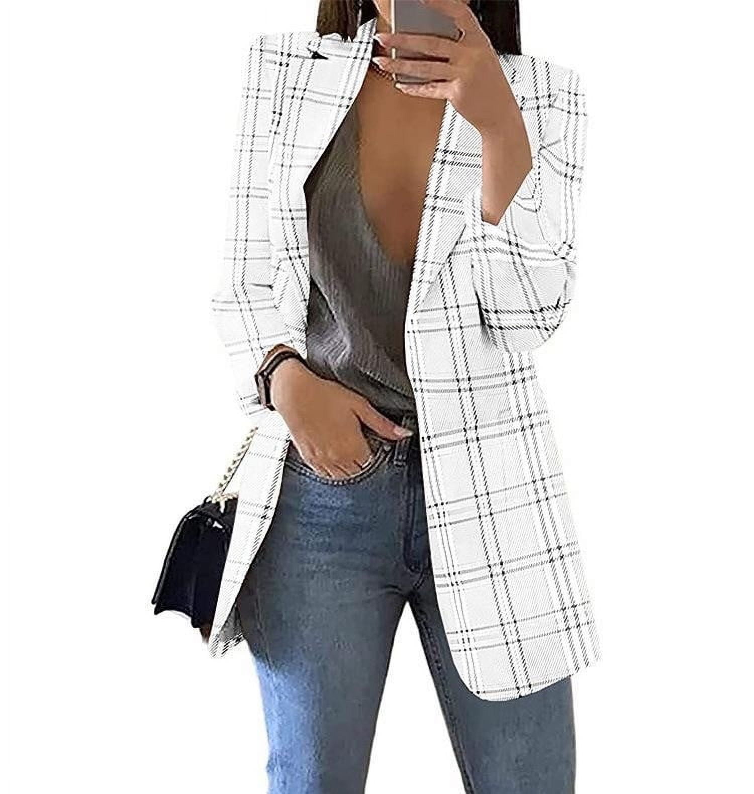 Brnmxoke Blazer Clearance Women's Plaid Blazer Boyfriend Style Open ...