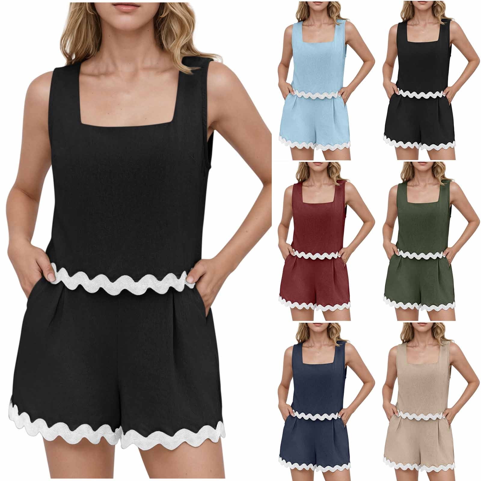 Brnmxoke Cotton Linen Shorts Set,Women's 2 Piece Outfits Lace Linen ...