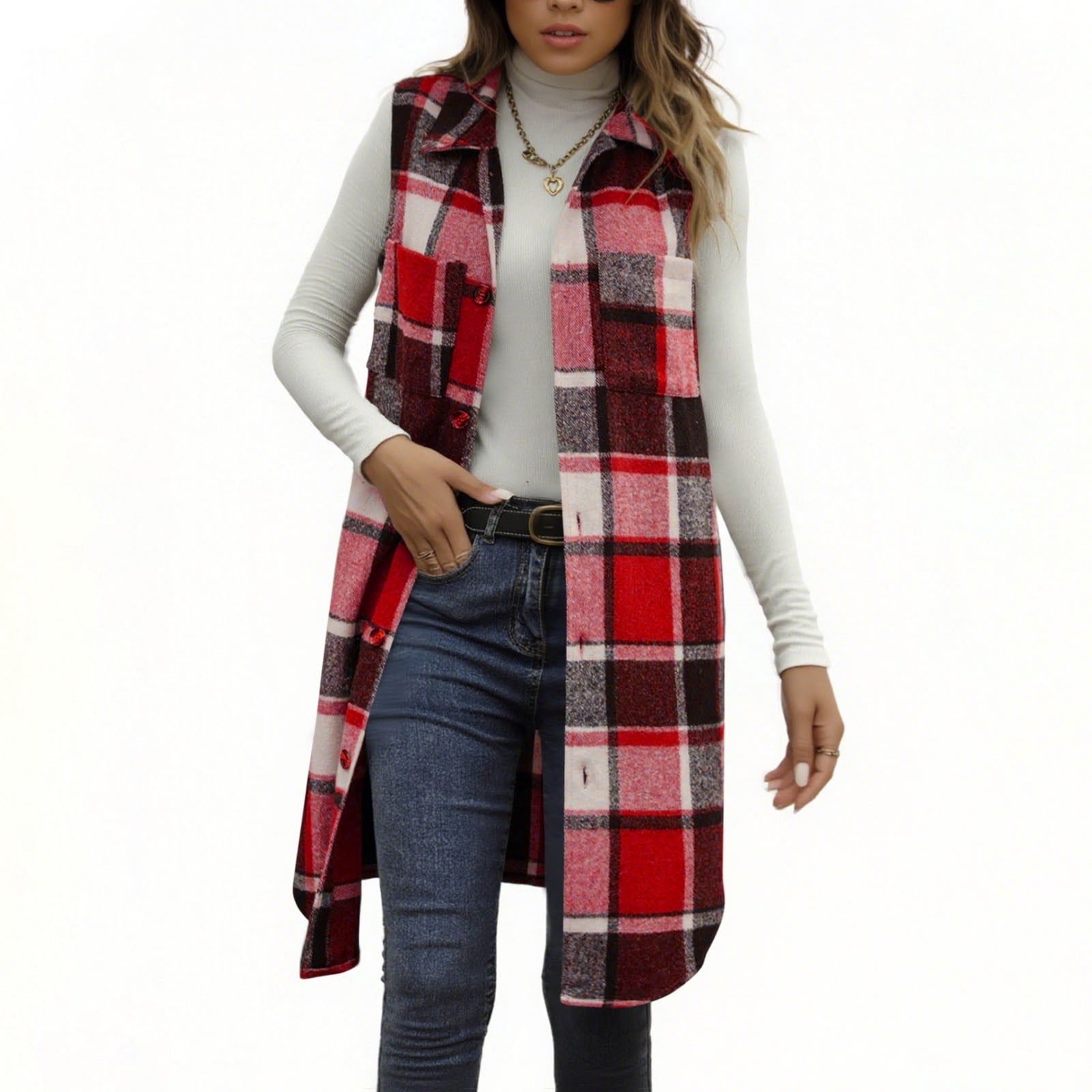 Brnmxoke Flannel Sleeveless Vest for Women Trendy Plaid Long Sleeveless ...